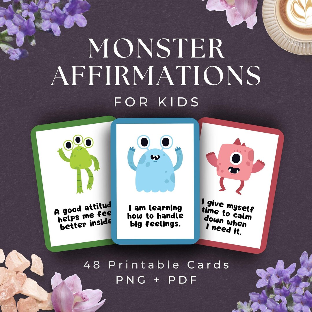 48 Monster Affirmation Cards for Kids, INSTANT DOWNLOAD, Kids' Positive ...