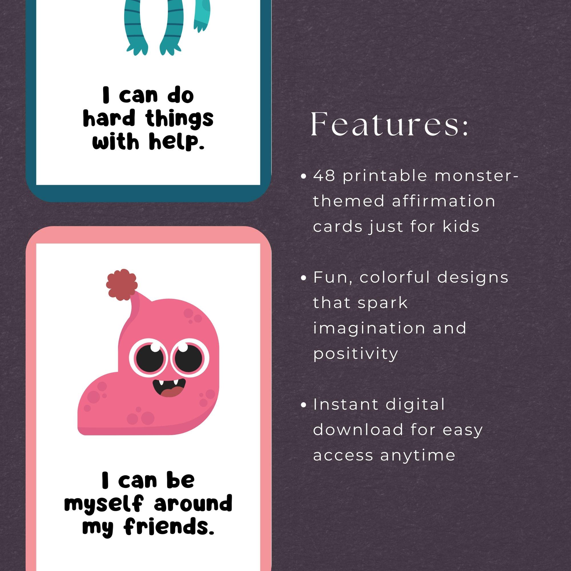 48 Monster Affirmation Cards for Kids, INSTANT DOWNLOAD, Kids' Positive ...