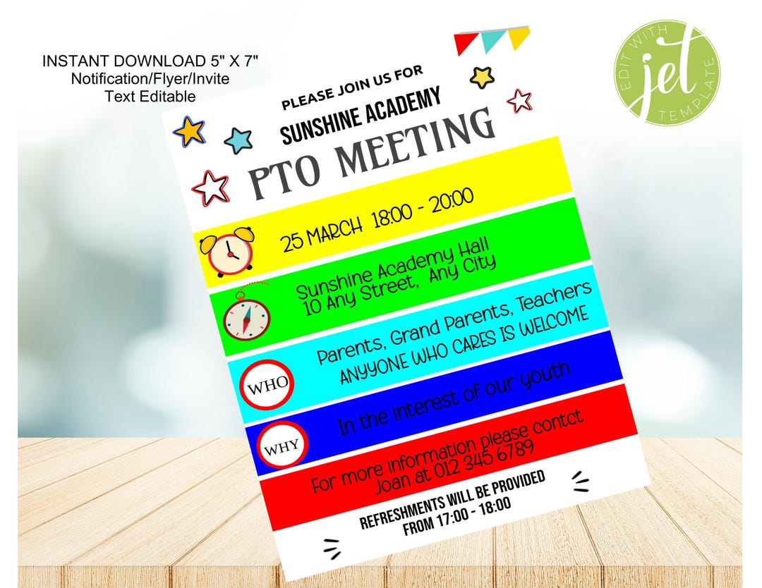 Editable PTA PTO Meeting Information Flyer, Printable Handout School ...