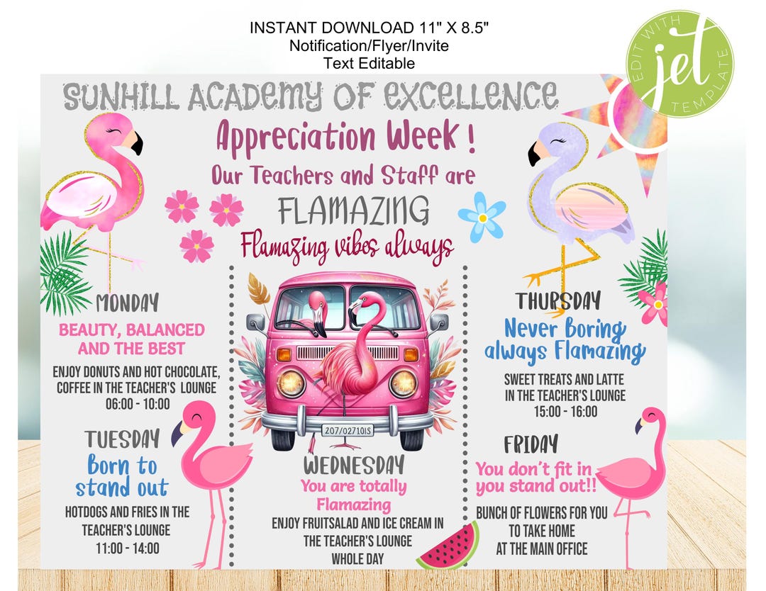 Teacher Appreciation Week Editable Flyer, Week Itinerary, Flamingo ...