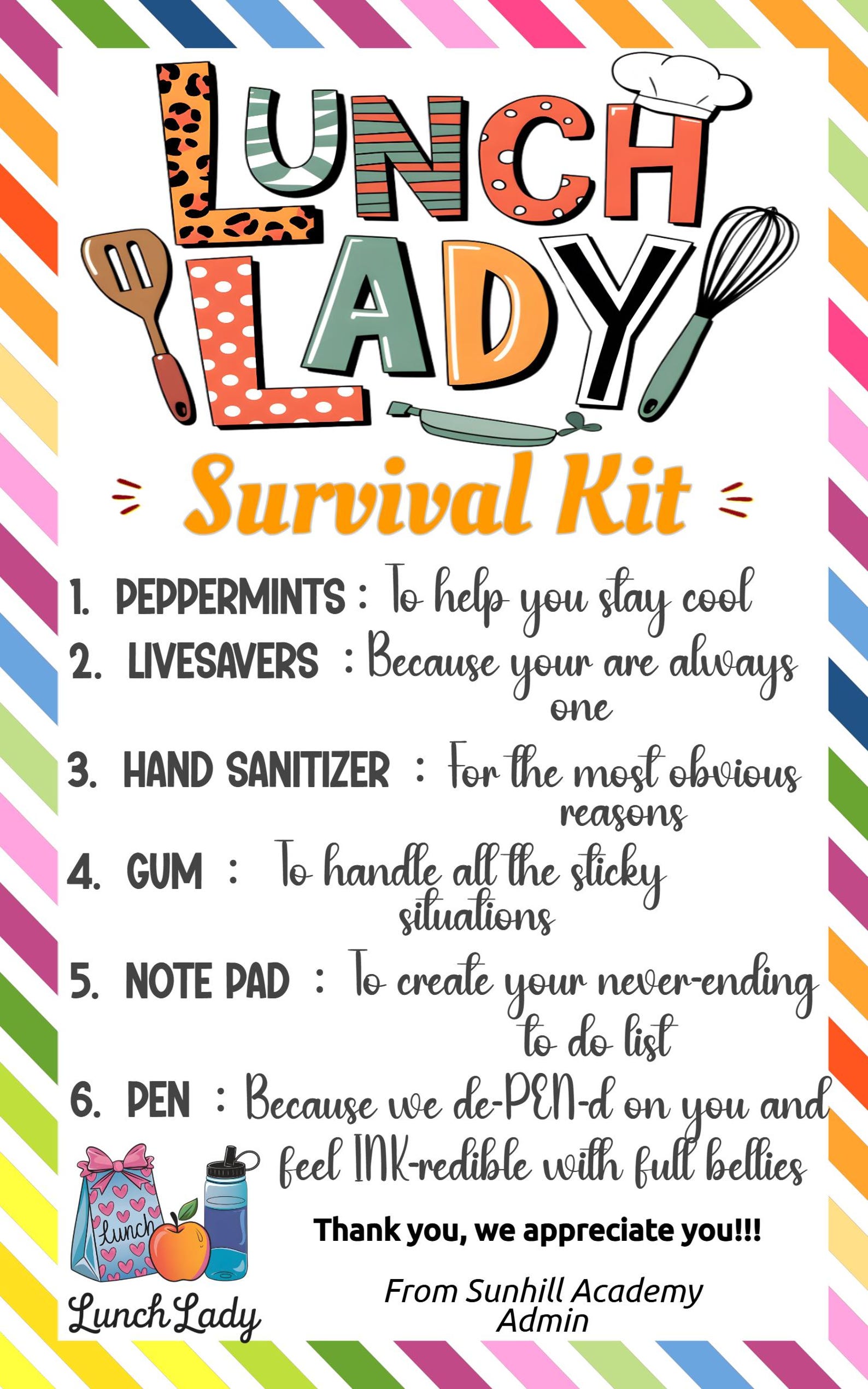 Editable Lunch Lady Survival Kit Tag, Goody Bag, Lunch Lady ...