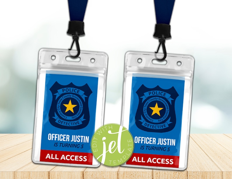 Editable Police Officer Kids Birthday Invitation ID Card Badge, Pretend ...