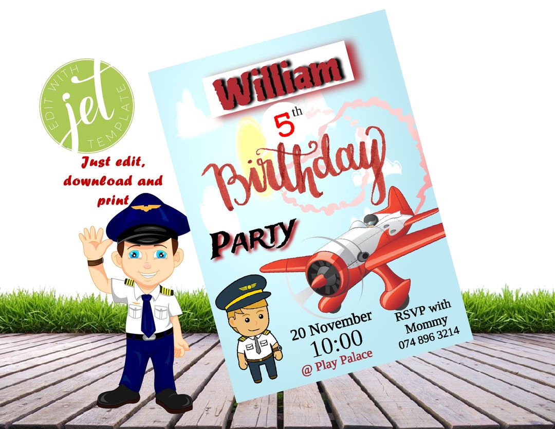 Party Invite, Editable, Printable, Airplane and Pilot Party Invite ...