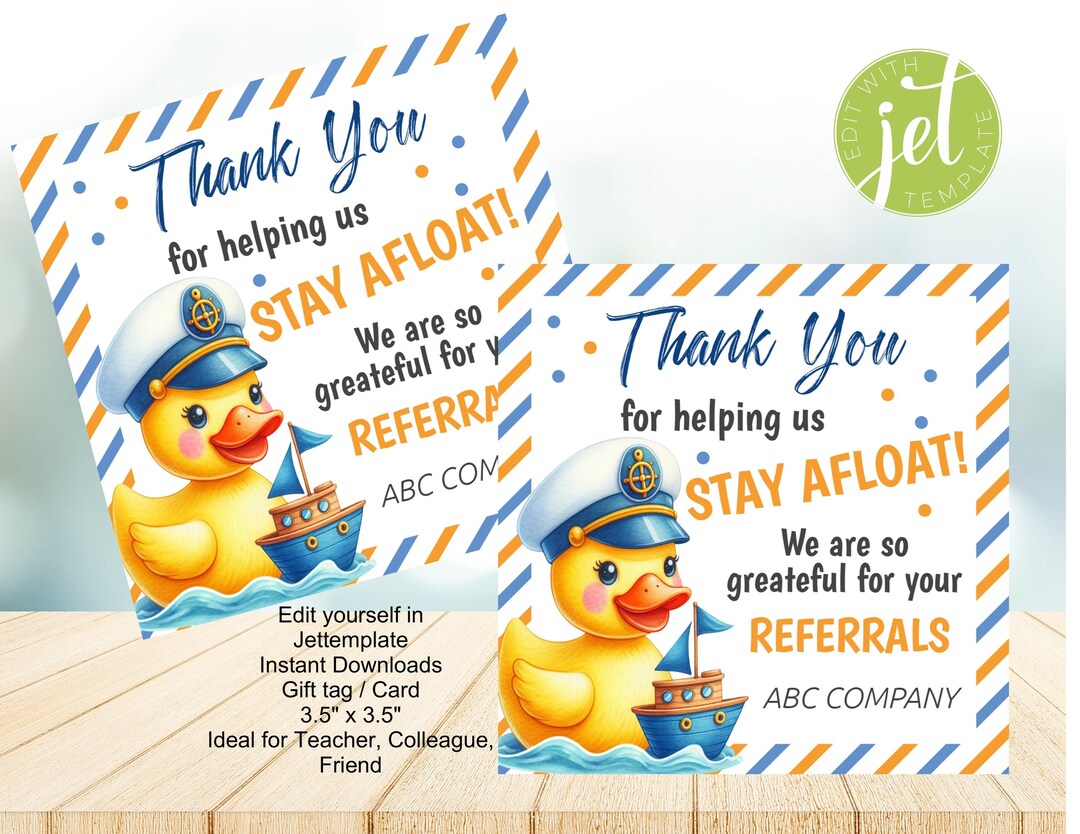 Editable Rubber Duck Gift Tag, Thank You for Helping Us Stay Afloat ...