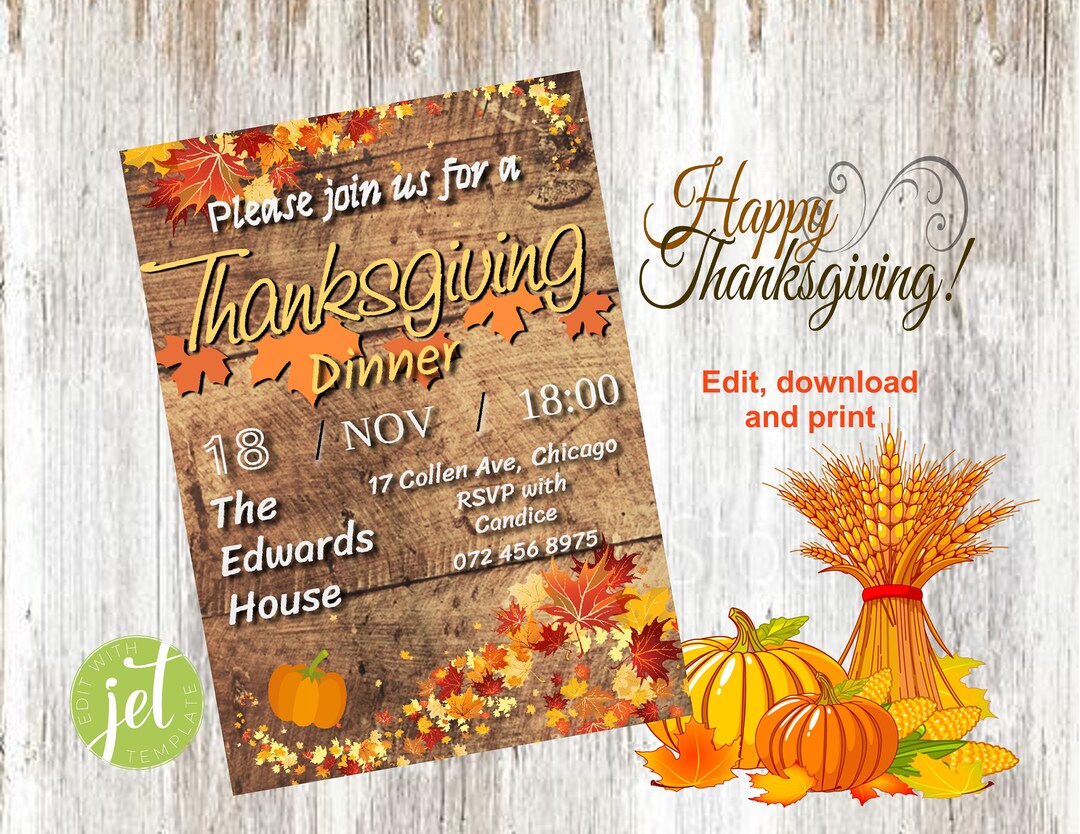 Thanksgiving Party Invitation Template: Editable Text, Printable ...