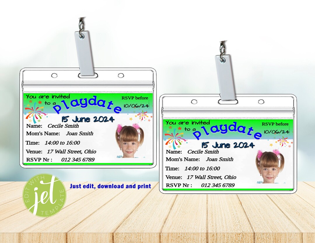ID Badge Invitation, Name Tag Playdate, Editable, Printable, Photo ID ...