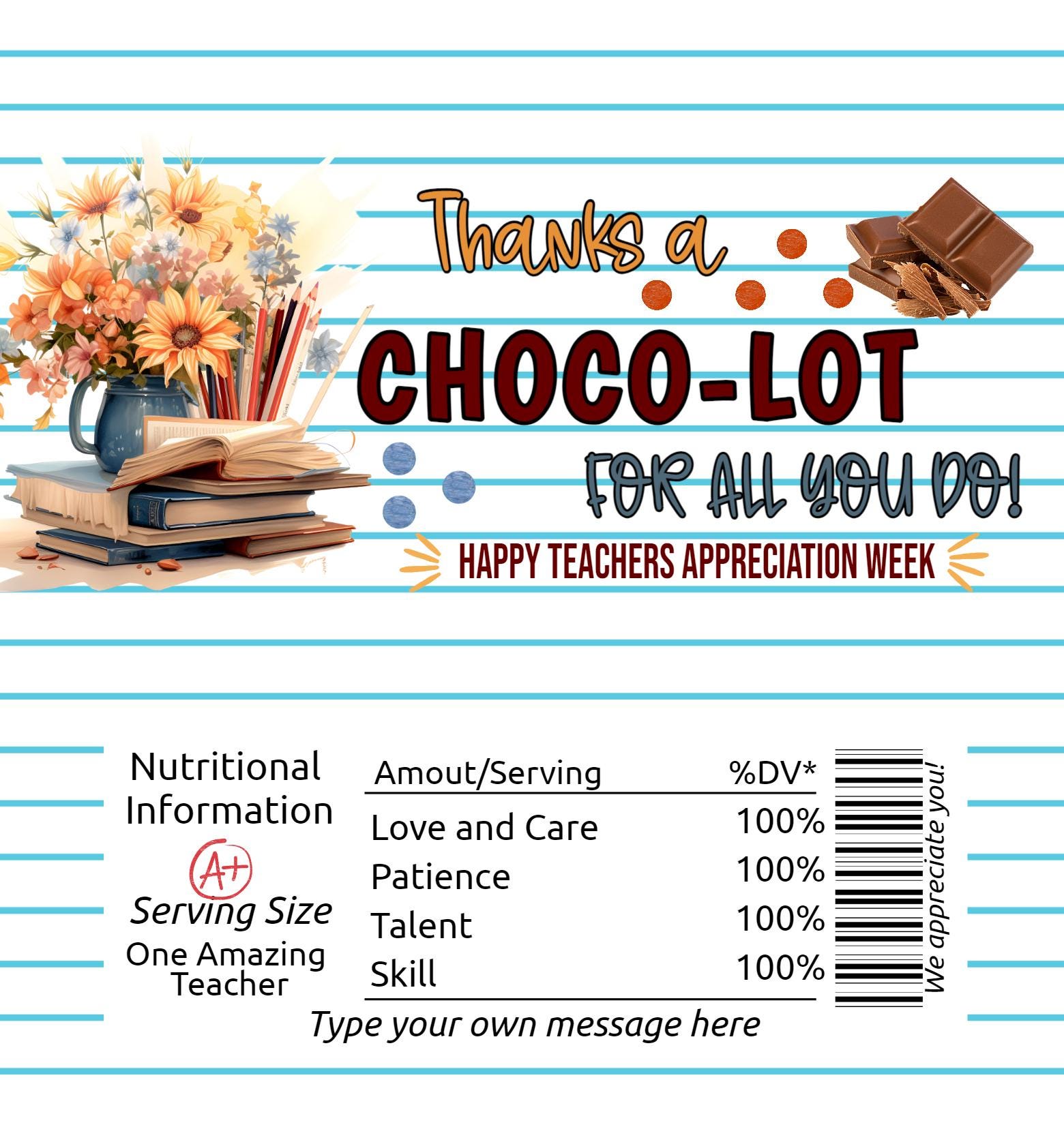 Editable Thanks a Choco-lot Candy Wrapper, Teacher, School Gift, Gift ...