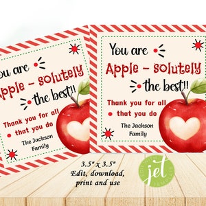Editable Apple Gift Tags, Apple-solutely the Best, Thank You for All ...