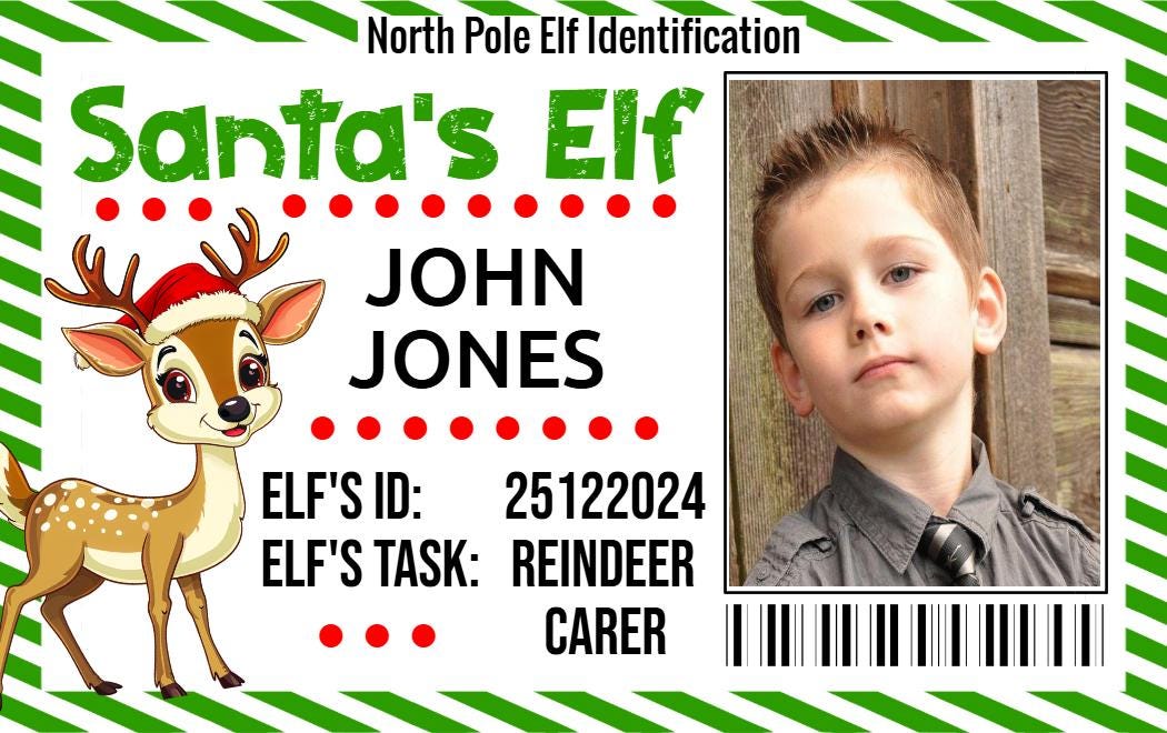 Santa's Elf ID Badge: Christmas Reindeer Carer Tag (instant Download ...