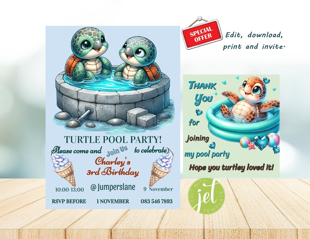 Party Invite, Editable, Printable, Turtle Pool Party Invite, Instant ...