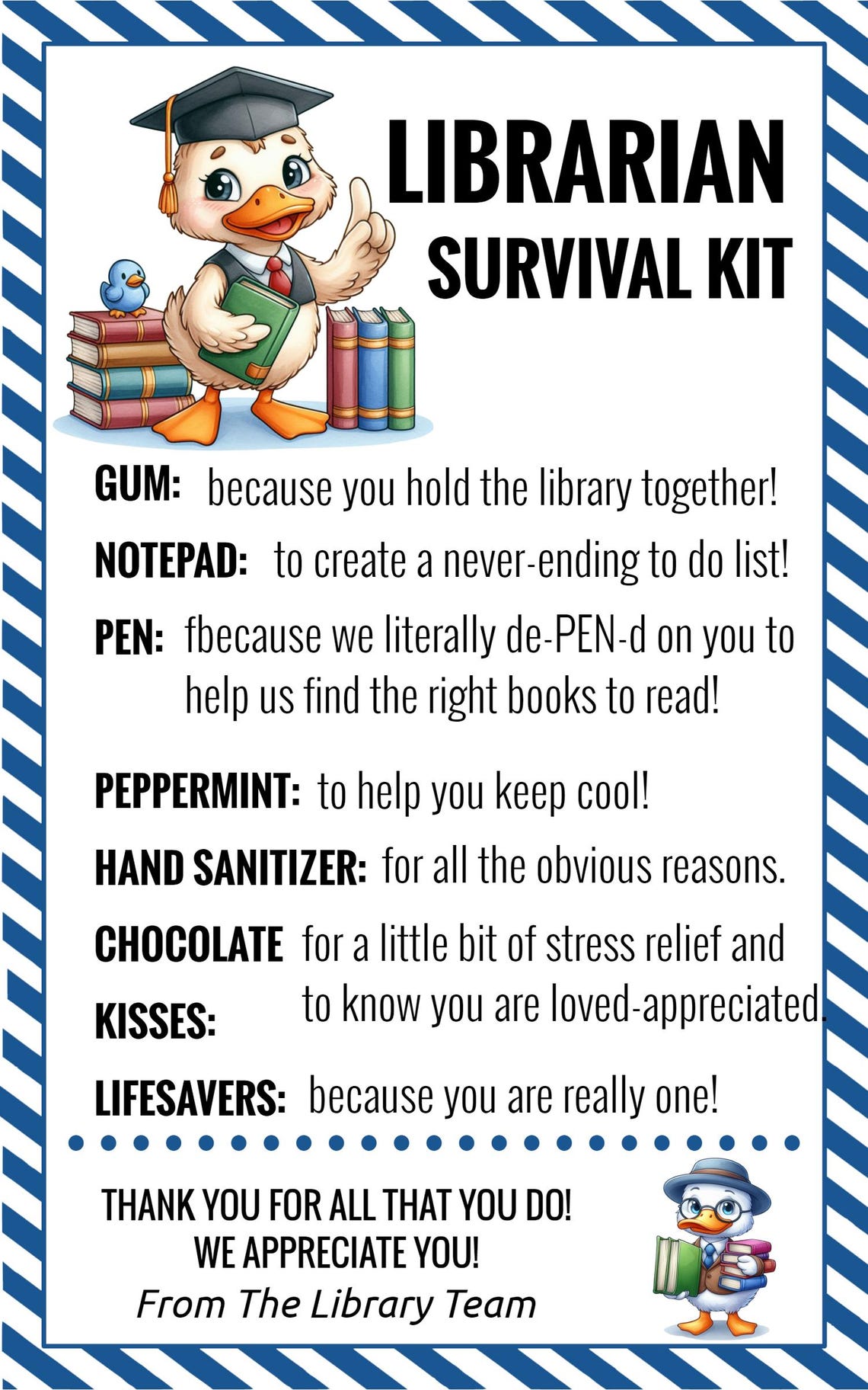EDITABLE Librarian Survival Kit Printable Gift Bag Label, Back to ...