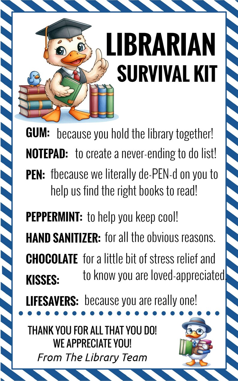 EDITABLE Librarian Survival Kit Printable Gift Bag Label, Back to ...