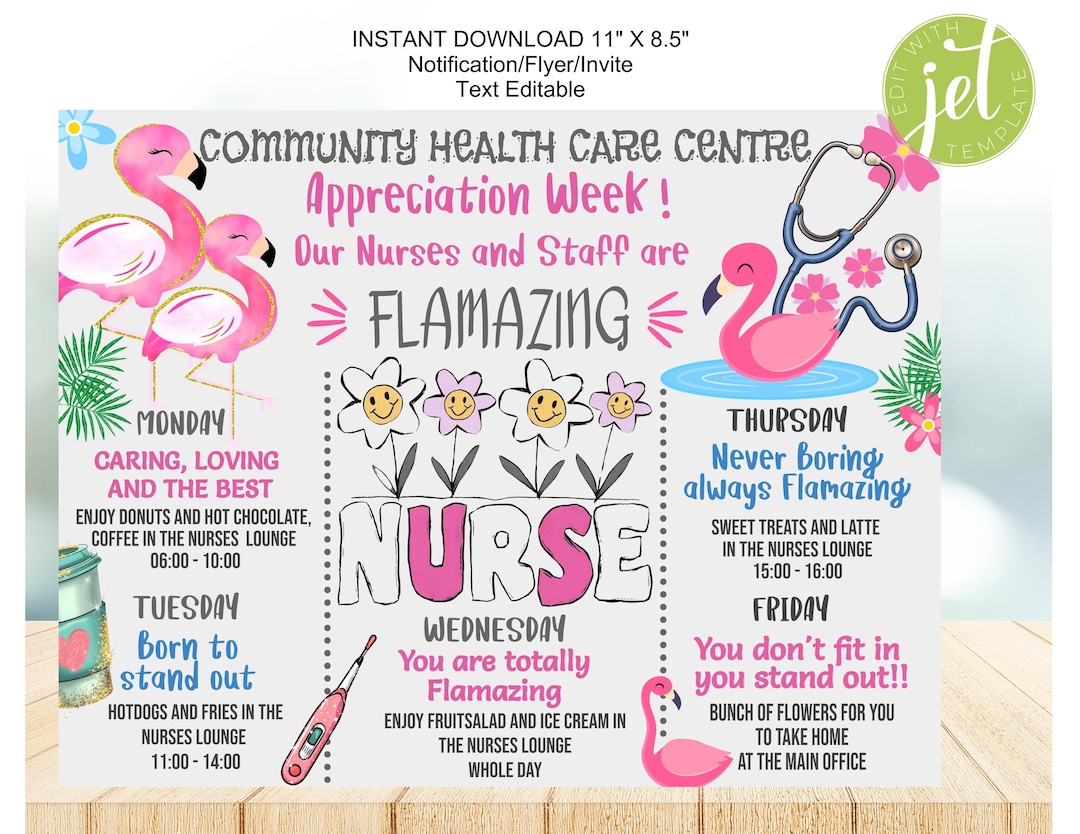 Nurse Appreciation Week Editable Flyer, Week Itinerary, Nurse Care, Flamingo Themed ...