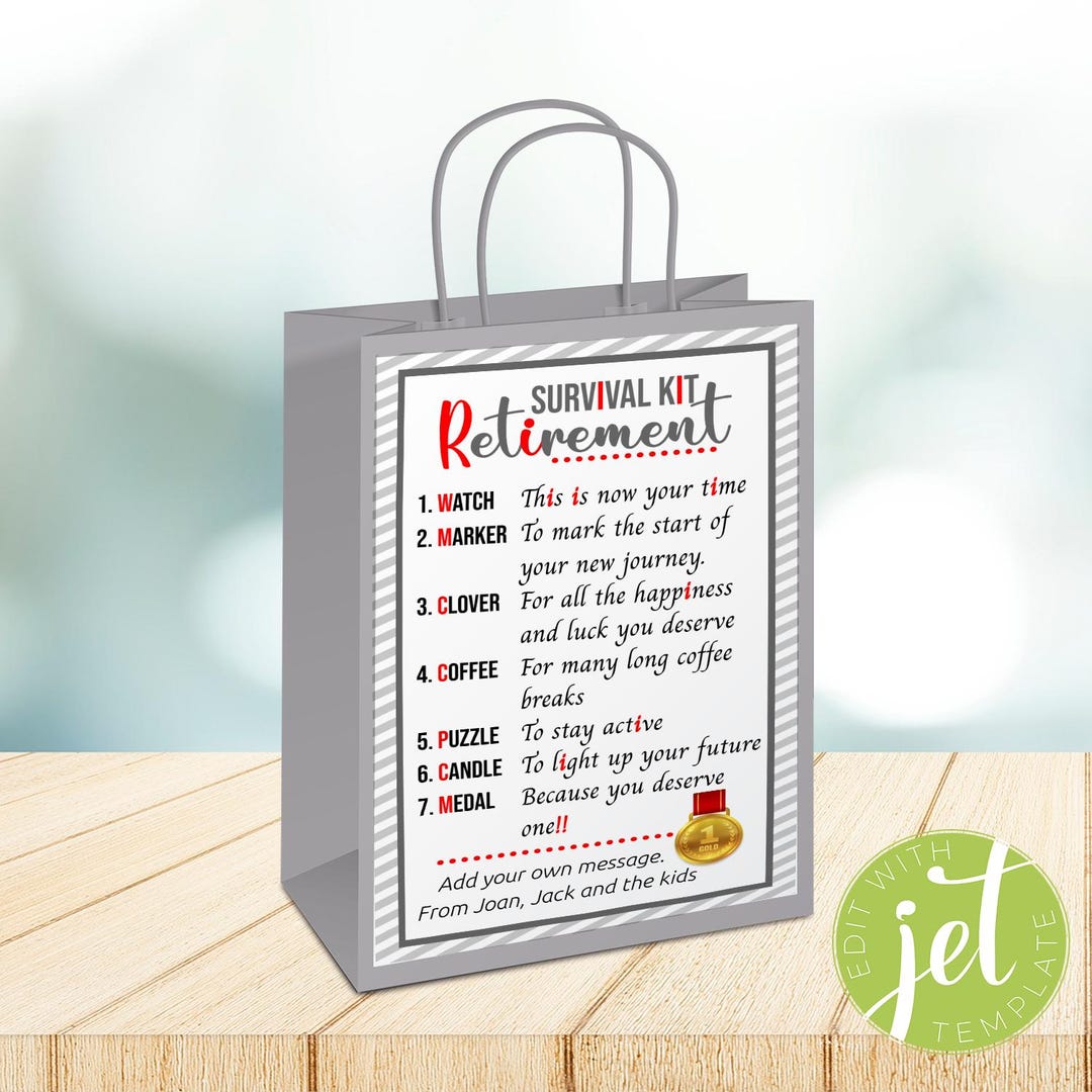 Editable Retirement Survival Kit Gift Bag Label, Retirement Gift Bag ...