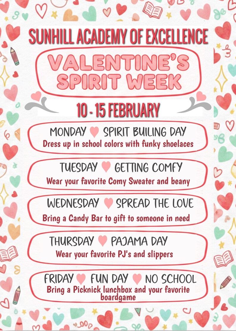 Editable Valentine's School Spirit Week Flyer, Editable PTO Itinerary ...