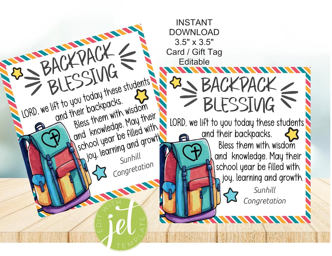 Bless This Backpack, Backpack Blessing Card, Editable Card, INSTANT ...