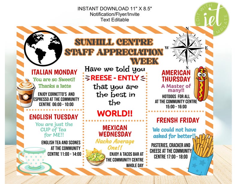 Teacher Appreciation Week Editable Flyer, Staff Itinerary, Reese-ently ...