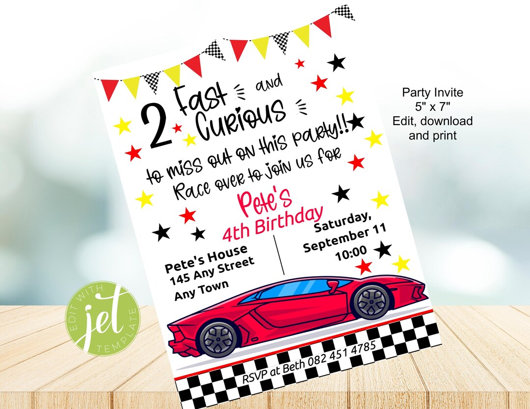 Editable Birthday Invitation Boy Any Age Red Racing Car, 2 Fast and ...