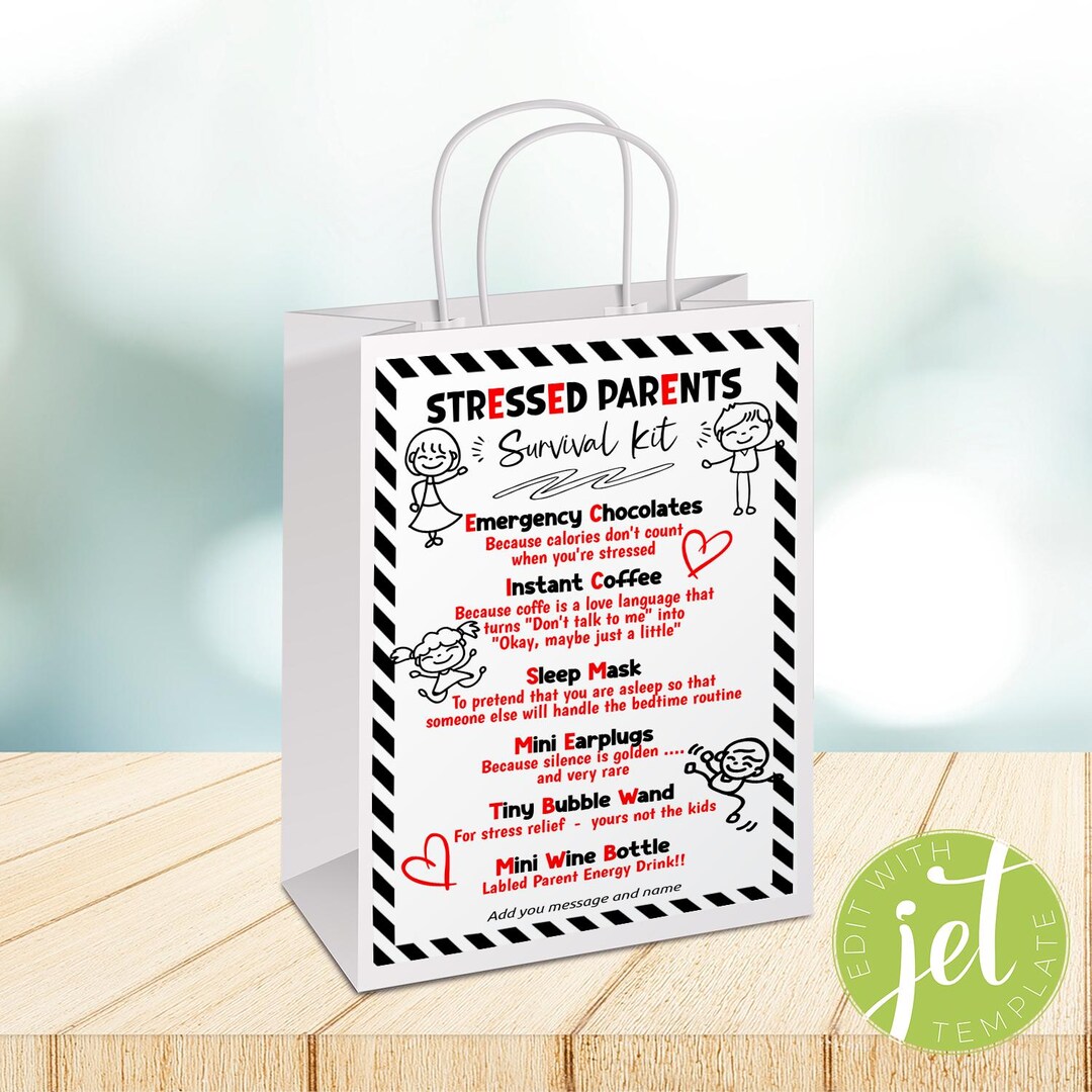 Stressed Parents Survival Kit Tag Editable, Goody Bag, Parents Spoil ...