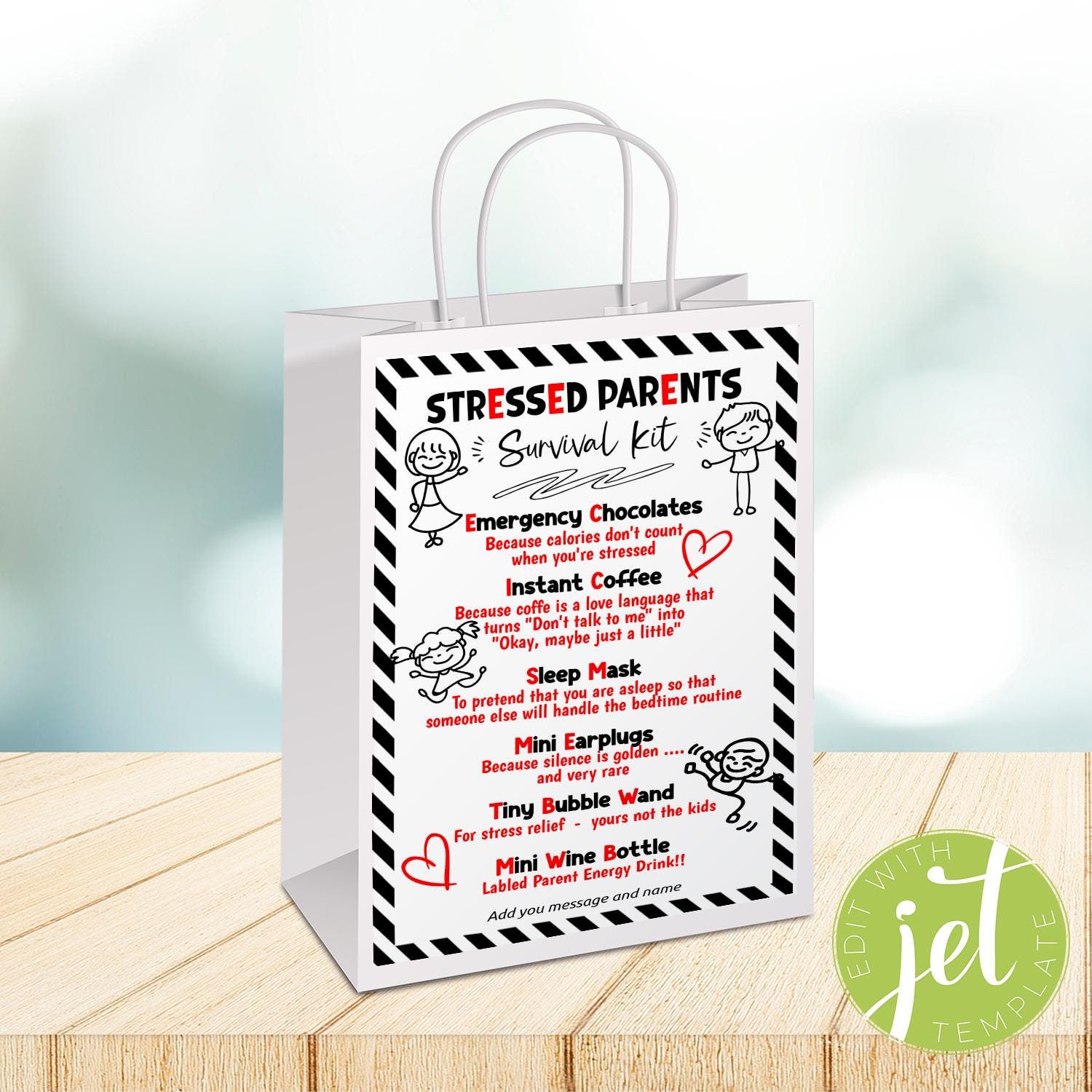 Stressed Parents Survival Kit Tag Editable, Goody Bag, Parents Spoil ...