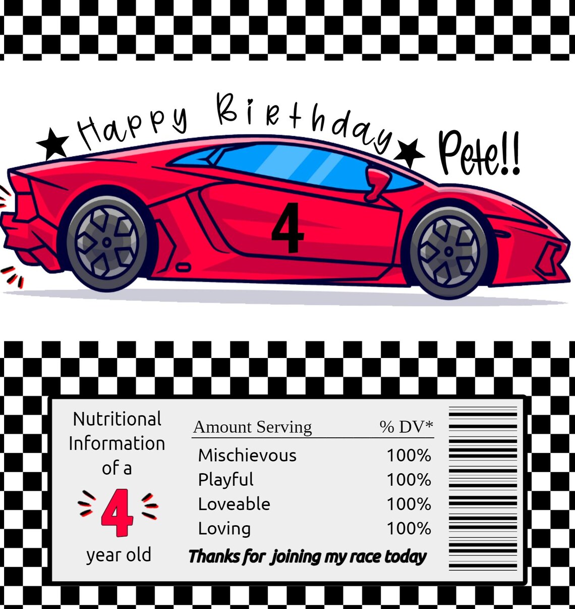 Candy Wrapper, Editable, Printable Red Racing Car, Instant Download ...