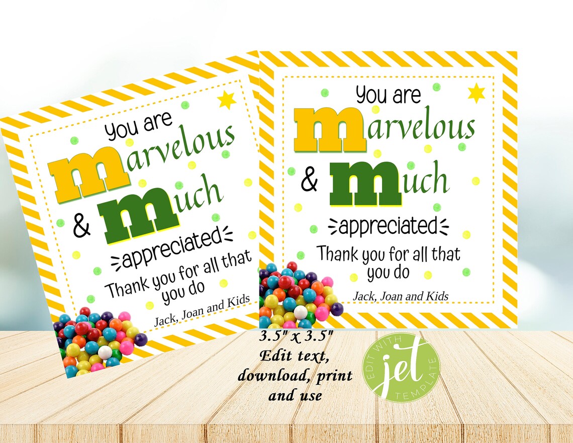 Editable M&M Gift Tag Card, Magnificent and Much Appreciated, Thanks ...