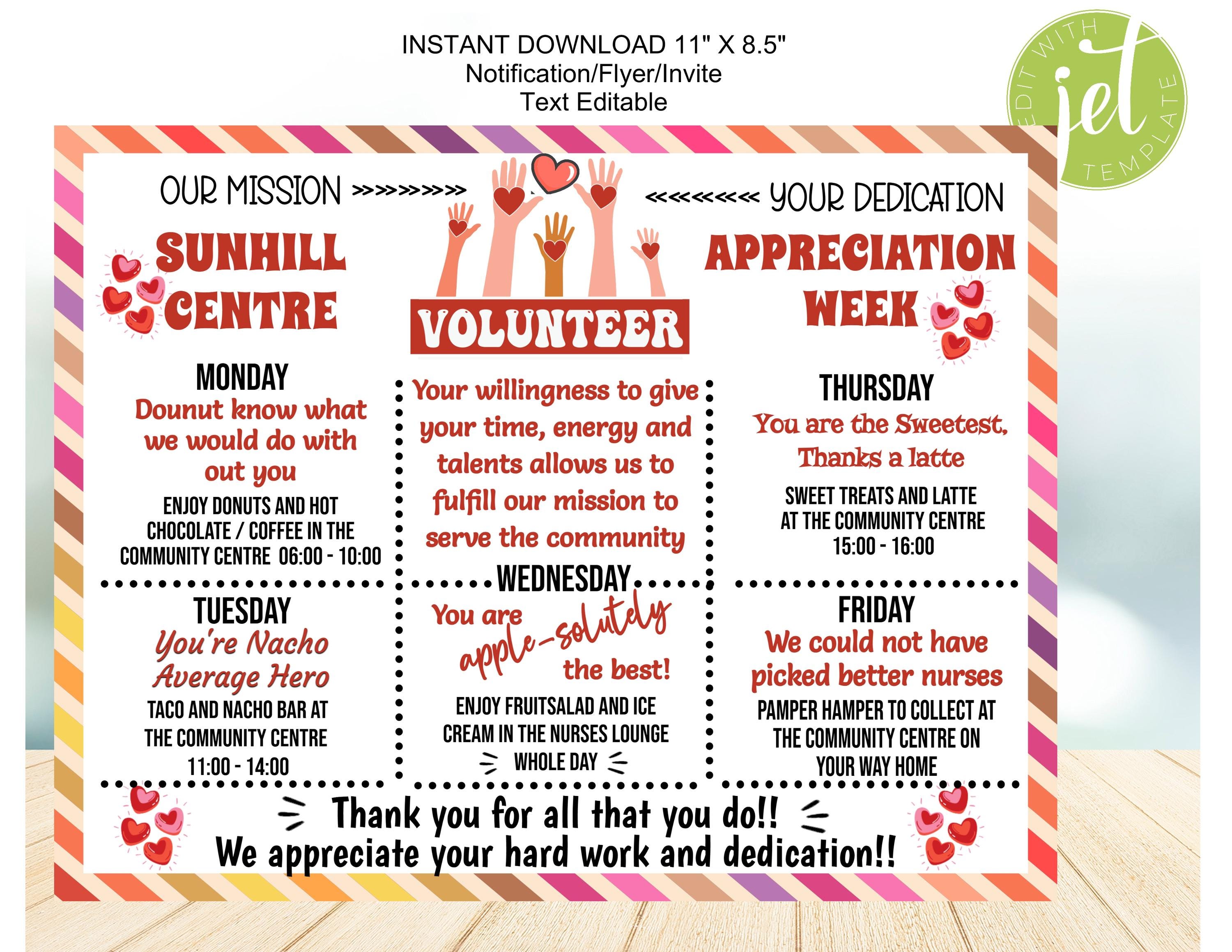 Volunteers Appreciation Week Editable Flyer, Itinerary, Schedule for ...