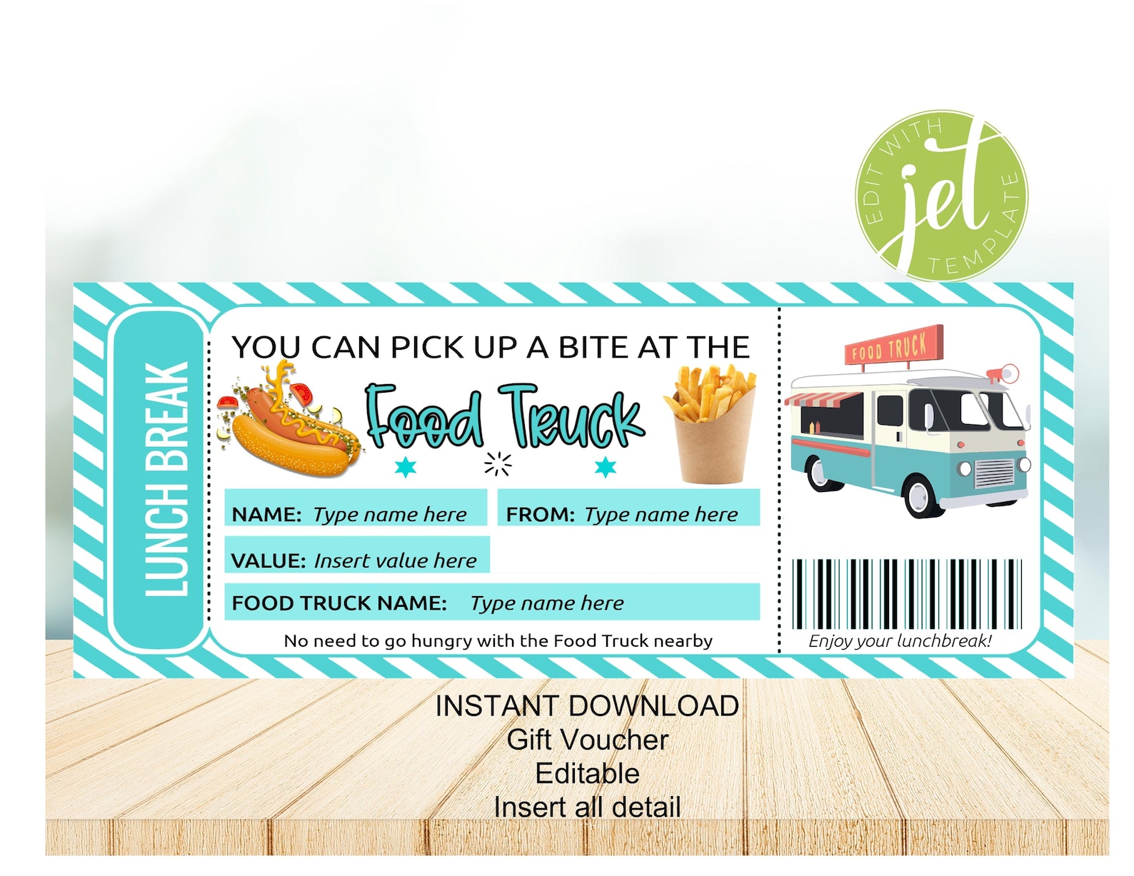 Gift Voucher, Food Truck Lunch, Editable, Printable, Road, Pick up ...