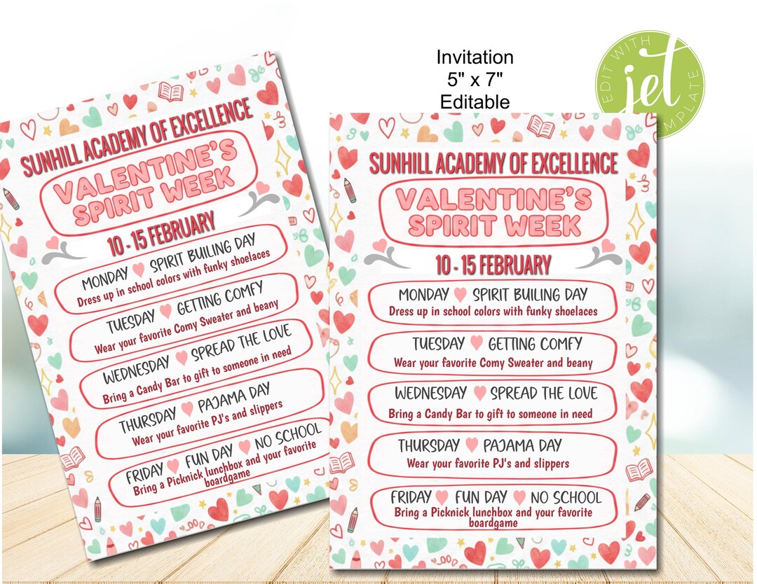Editable Valentine's School Spirit Week Flyer, Editable PTO Itinerary ...