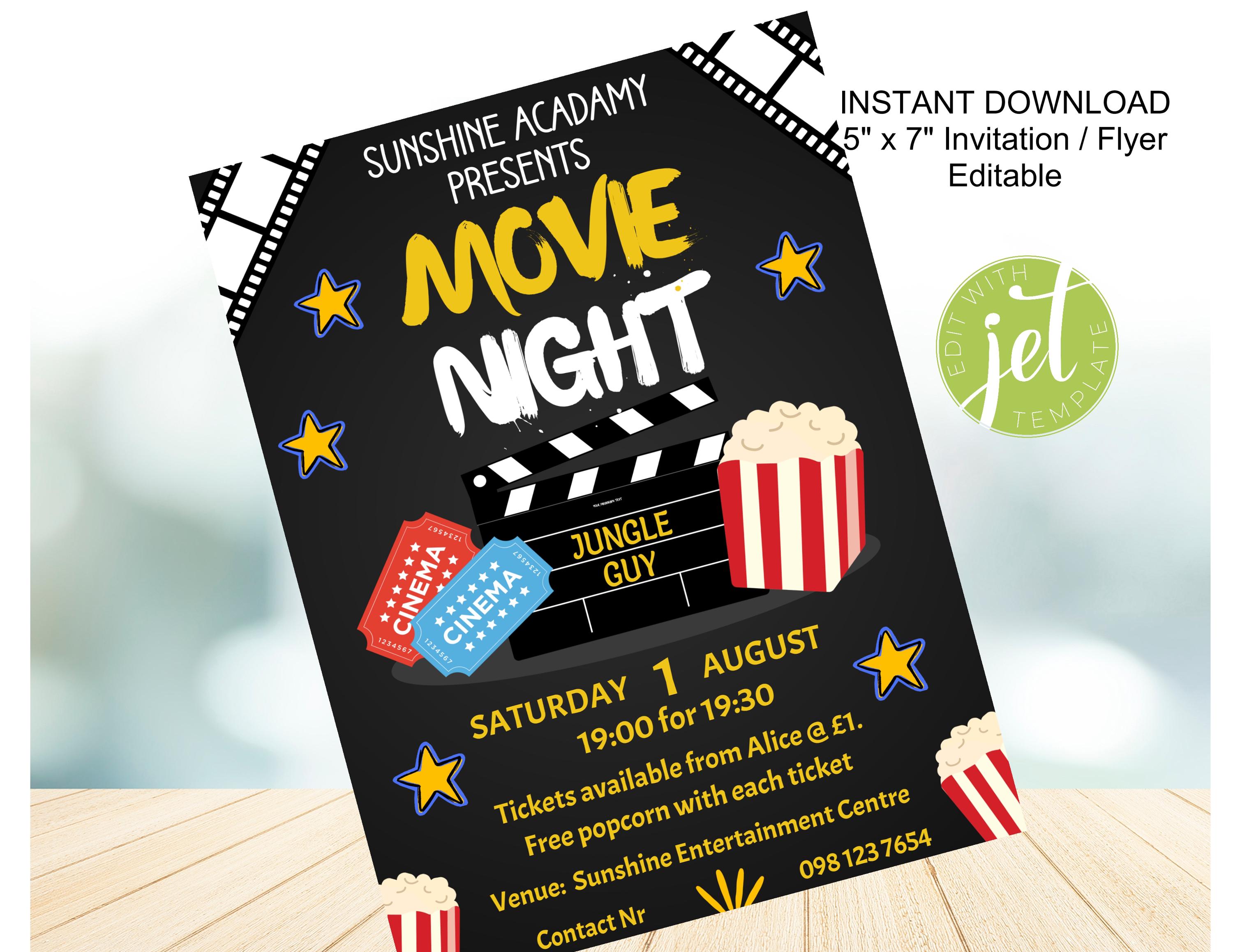 Editable, Movie Night Flyer, Invitation, Printable PTA PTO Flyer ...