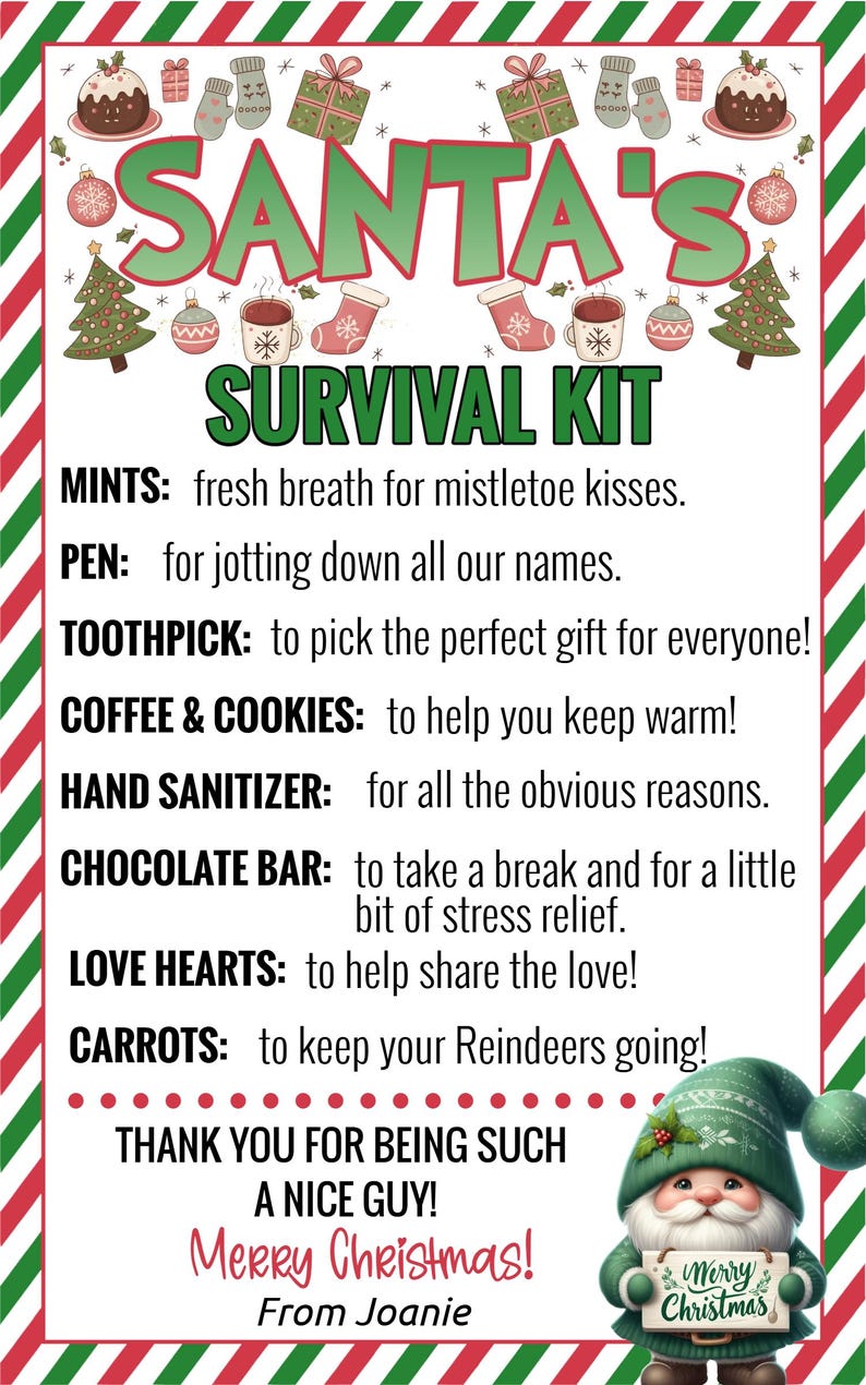 Editable Santa Survival Kit Gift Bag Label, Christmas Gift Bag Label ...