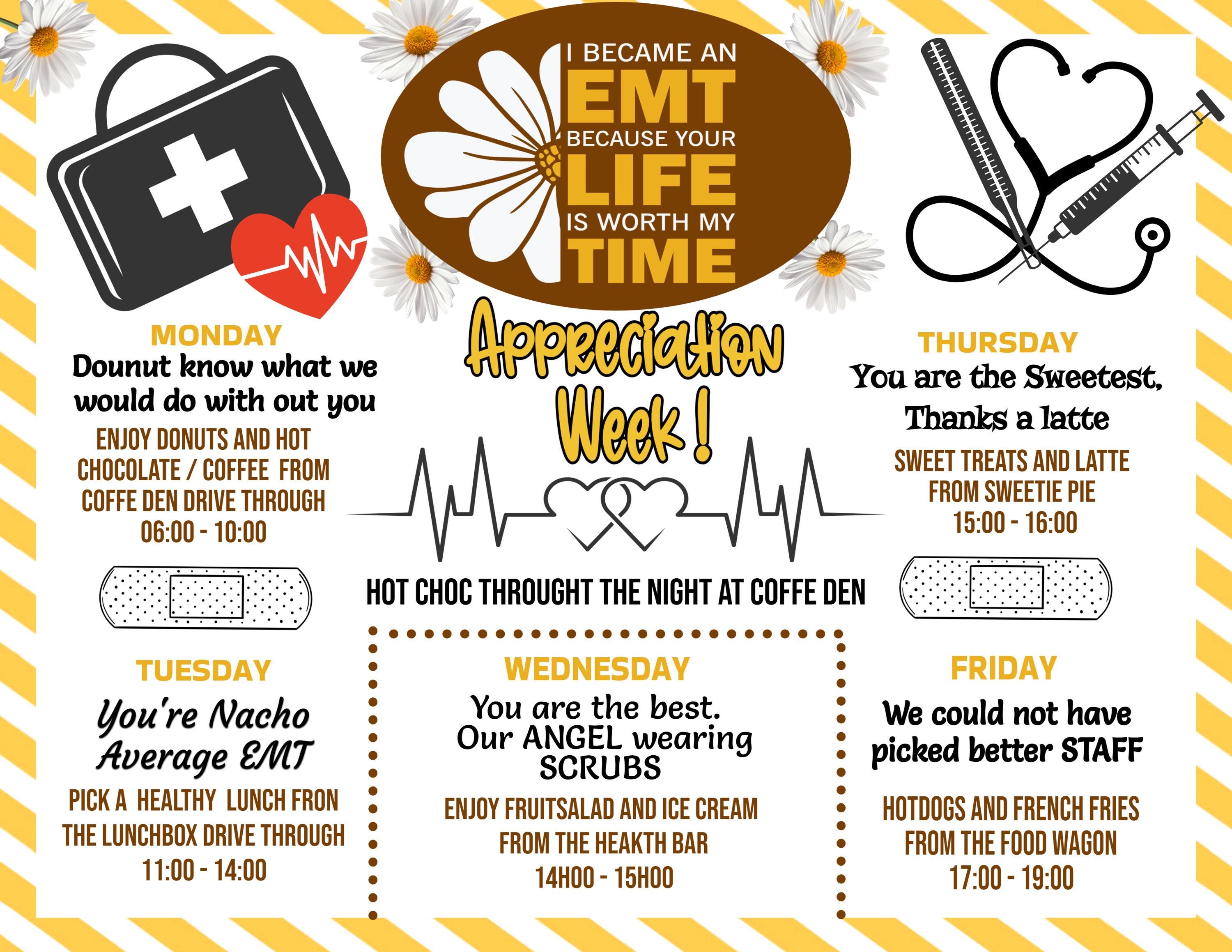 EMS EMT Appreciation Week Editable Flyer, Week Itinerary, EMT Care ...