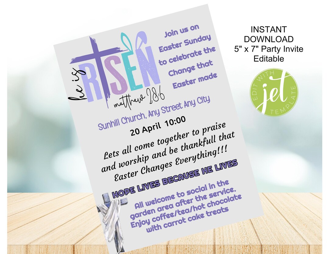 Editable Easter Church Invitation, He is Risen, Church Flyer, Service ...