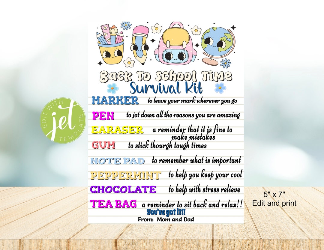 Editable, Back to School Survival Kit, Printable, Special Message ...