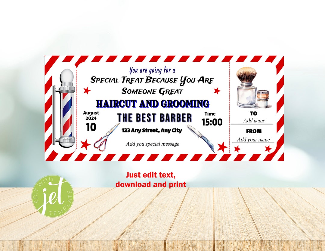 Barber Visit, Gift Voucher, Boarding Pass, Editable, Printable, Haircut ...