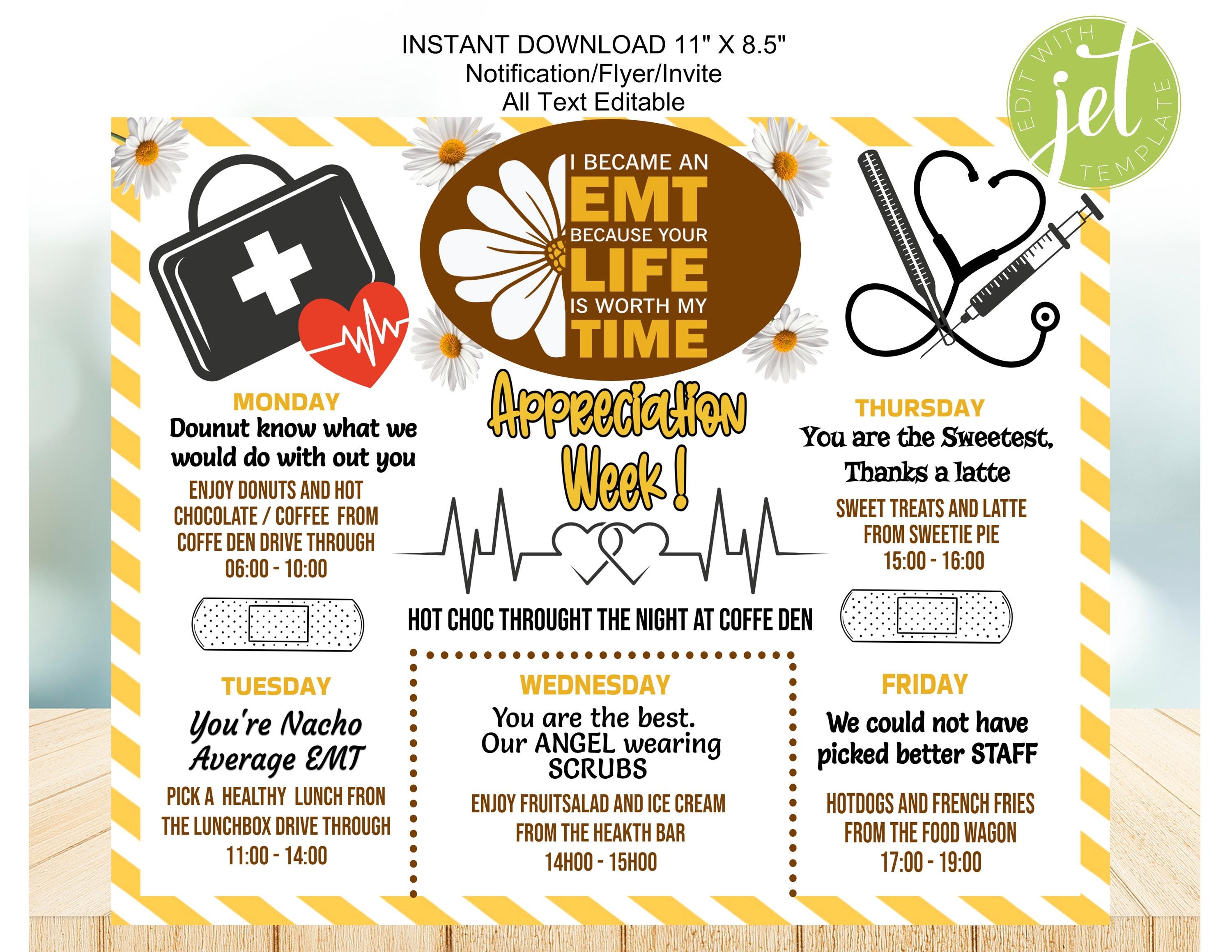EMS EMT Appreciation Week Editable Flyer, Week Itinerary, EMT Care ...