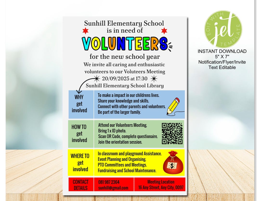 Editable Volunteer Recruitment Flyer: School PTO Event Invite (instant ...