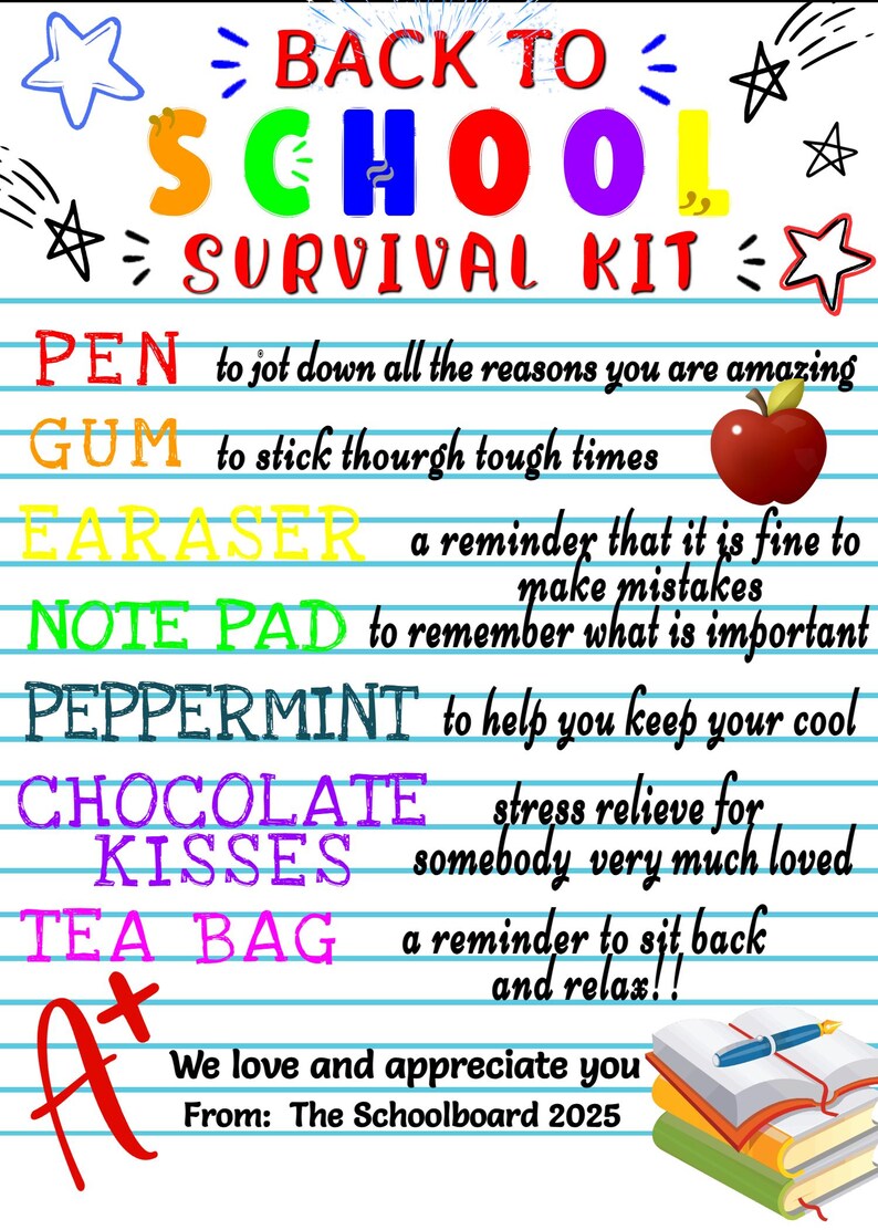 Editable, Back to School Survival Kit, Printable, Special Message ...