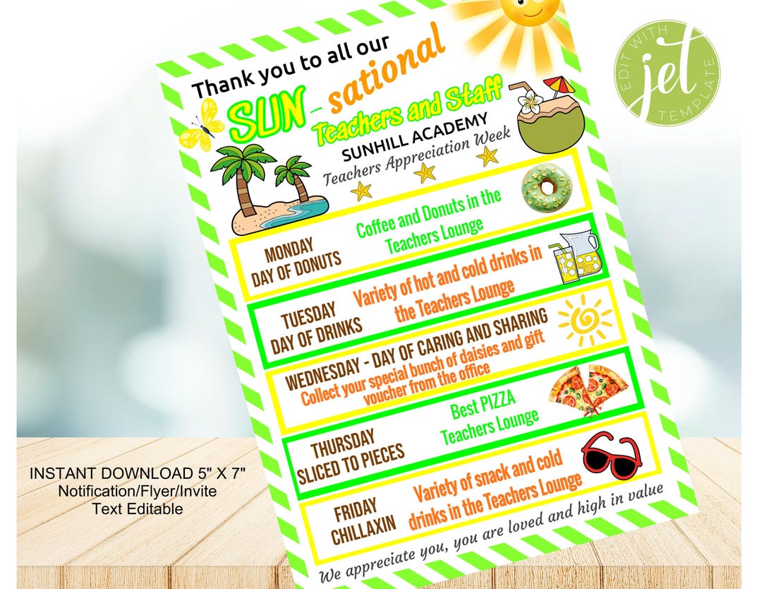 Editable Sun-sational Teacher Appreciation Week Itinerary, Sensational ...