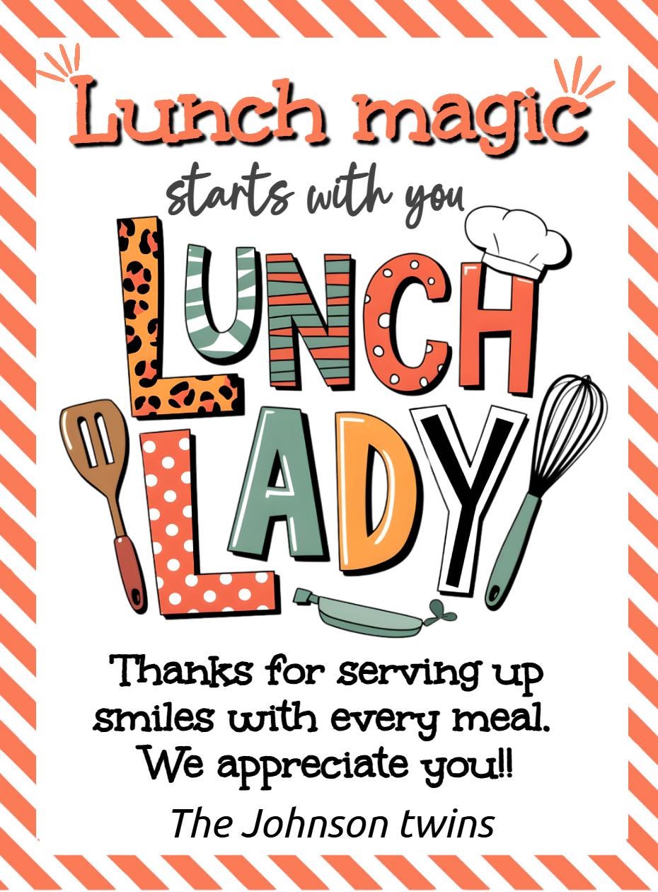 Lunch Lady Appreciation Gift Tag: Editable Thank You Note (digital ...