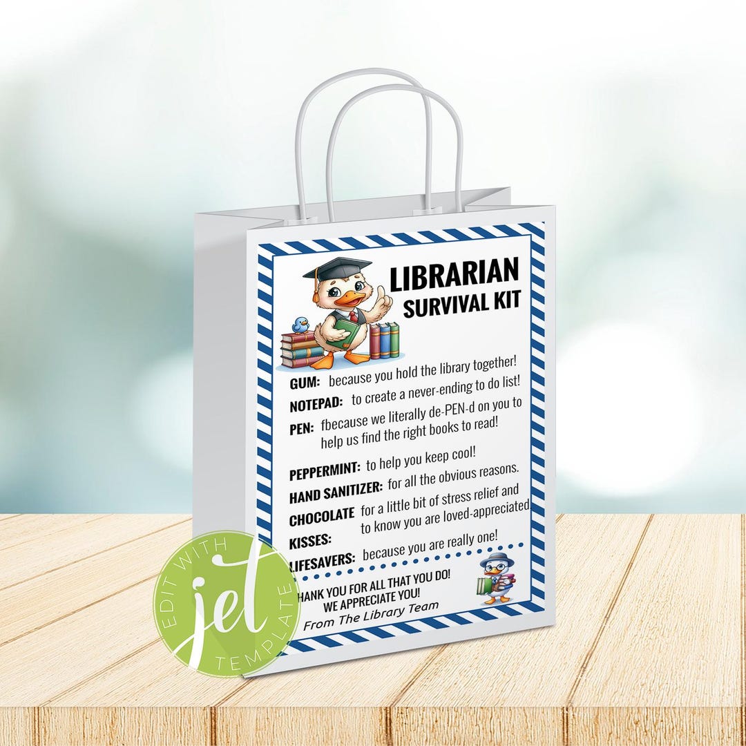 EDITABLE Librarian Survival Kit Printable Gift Bag Label, Back to ...