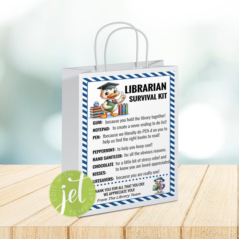 EDITABLE Librarian Survival Kit Printable Gift Bag Label, Back to ...