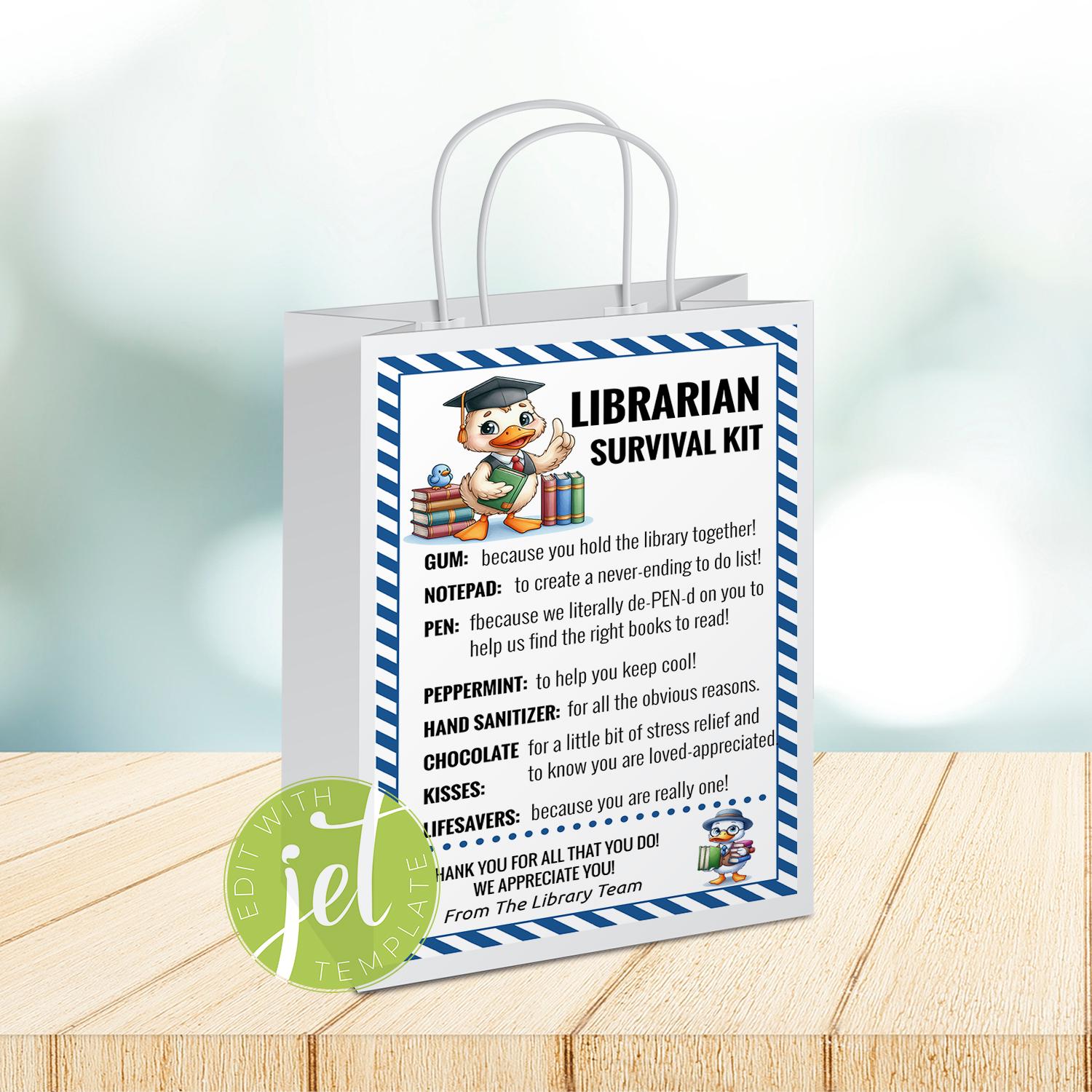 EDITABLE Librarian Survival Kit Printable Gift Bag Label, Back to ...