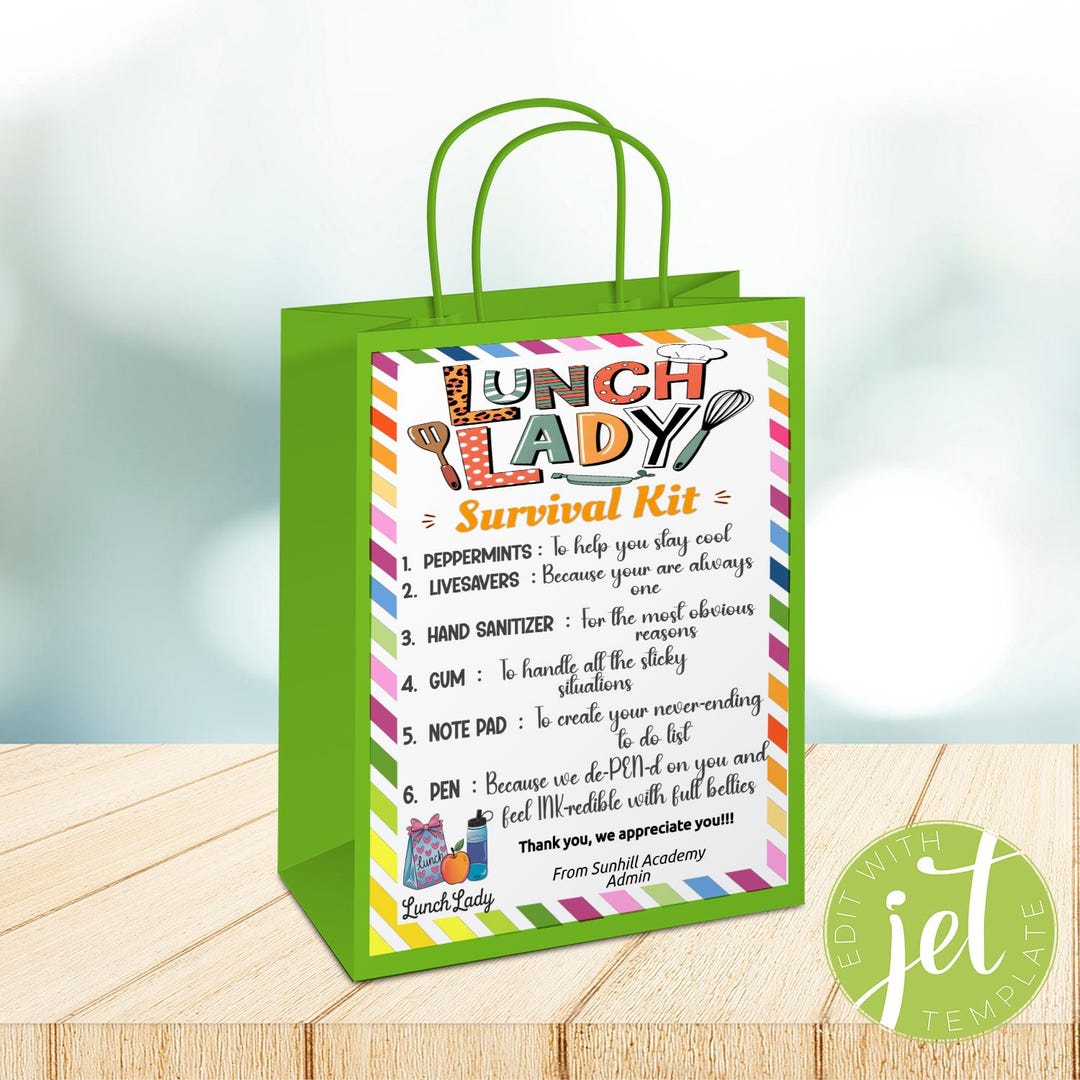 Editable Lunch Lady Survival Kit Tag, Goody Bag, Lunch Lady ...