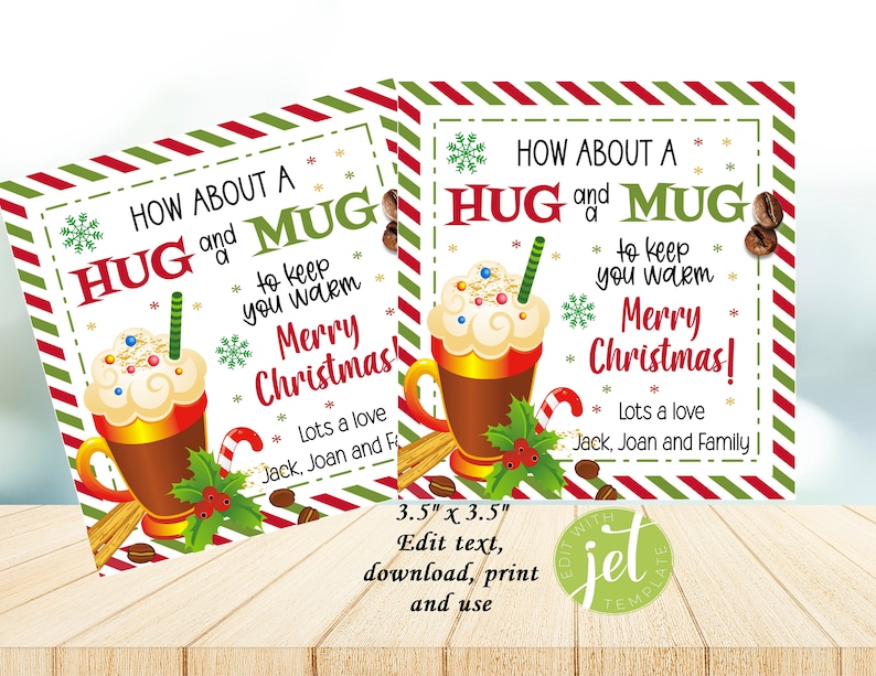 Editable Christmas Hug and a Mug Gift Tag, Hug and a Mug to Keep You ...
