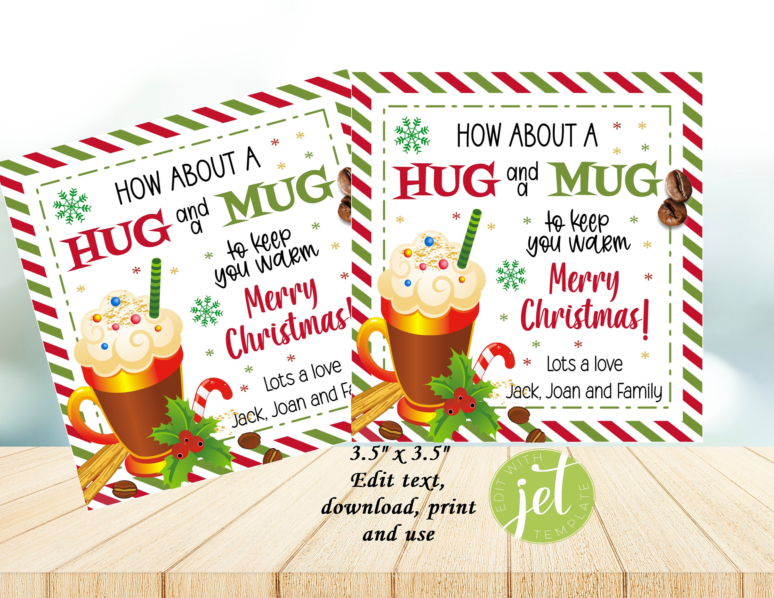 Editable Christmas Hug and a Mug Gift Tag, Hug and a Mug to Keep You ...