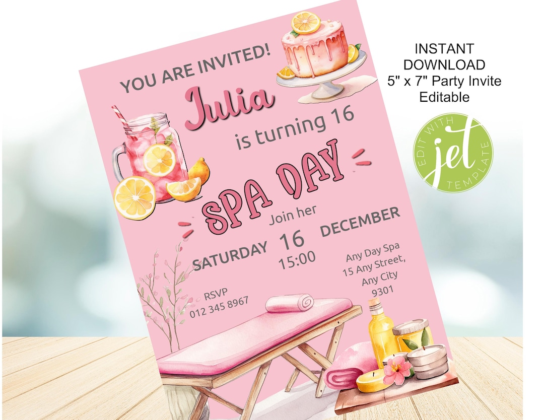 Editable Birthday Invitation, Spa Party, Spa Birthday Party, Any Age ...