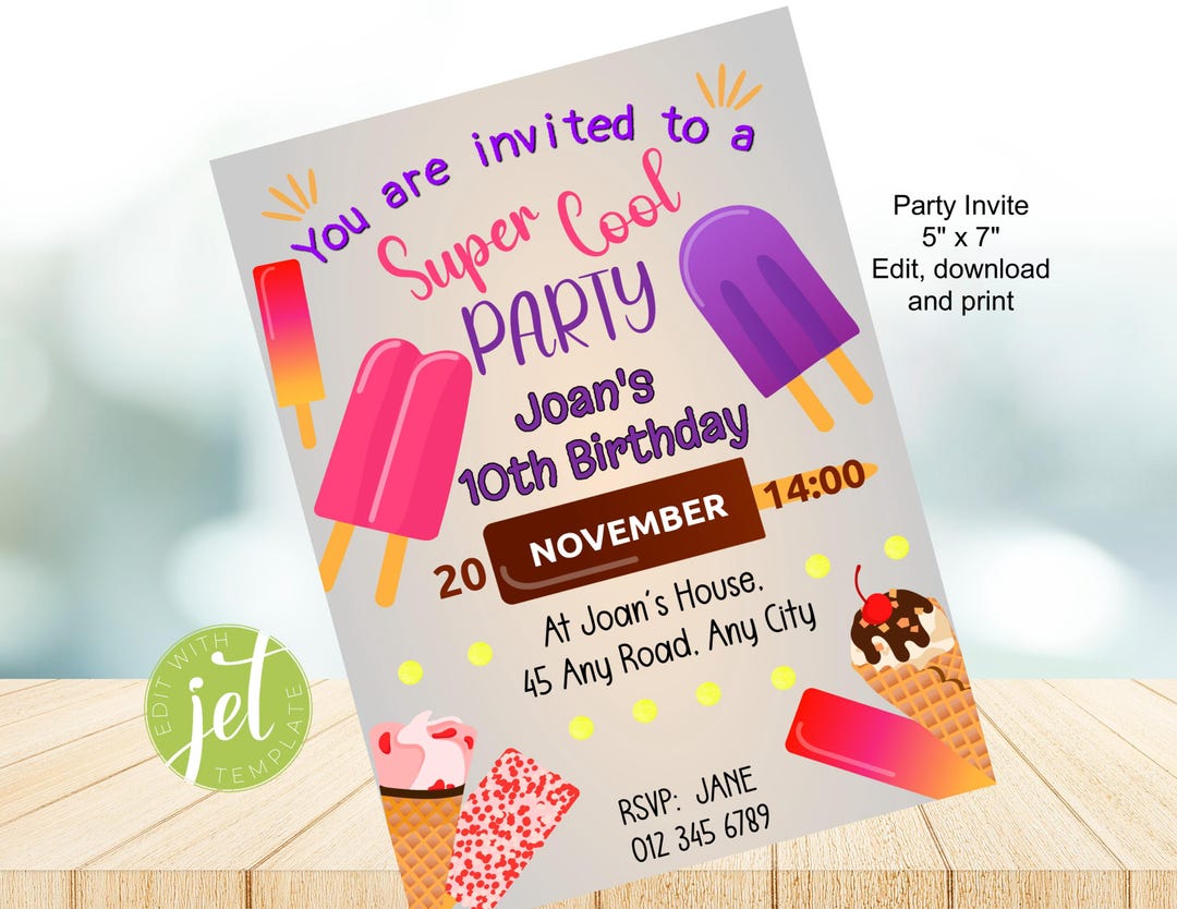 Editable Birthday Invitation Super Cool Party Any Age Ice Cream Party ...