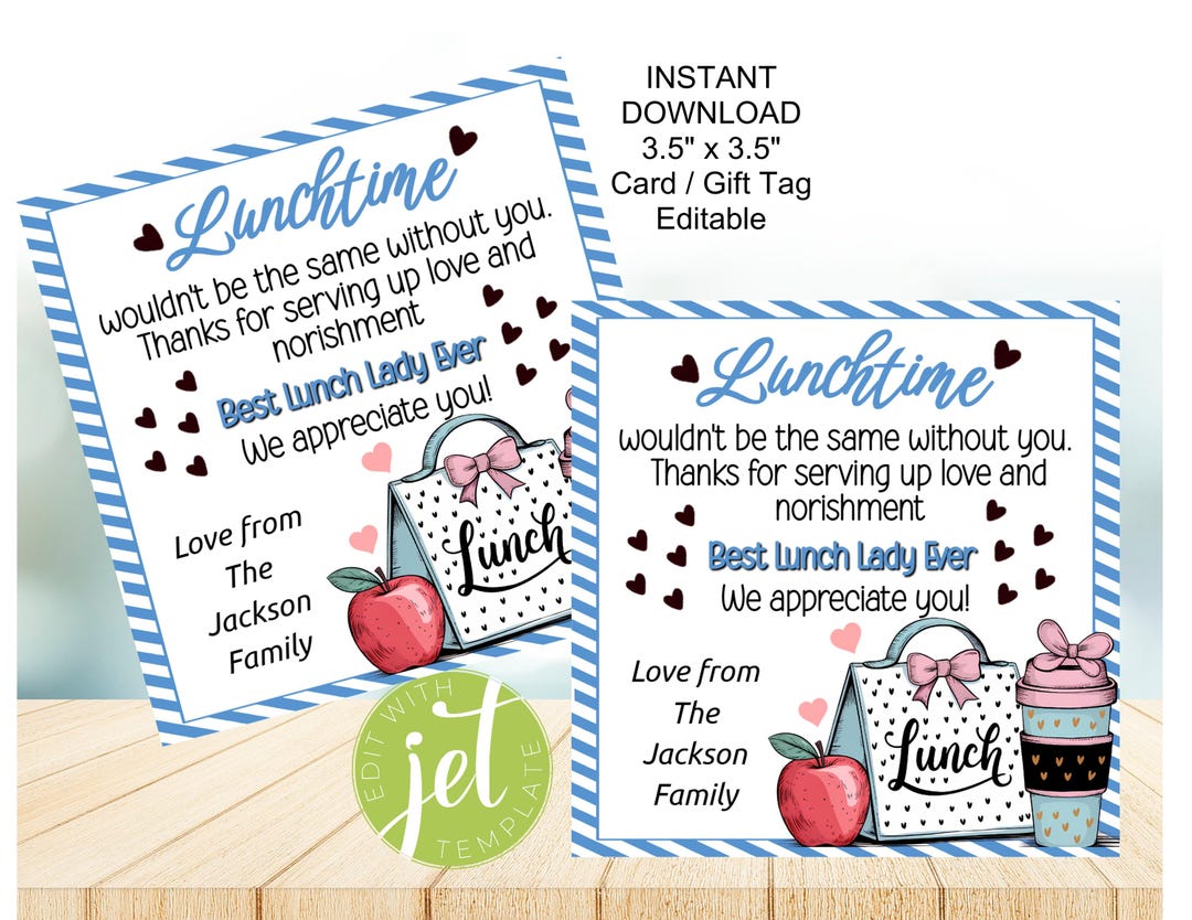 Editable Lunch Lady Appreciation Gift Tags, Thank You, Lunchtime ...