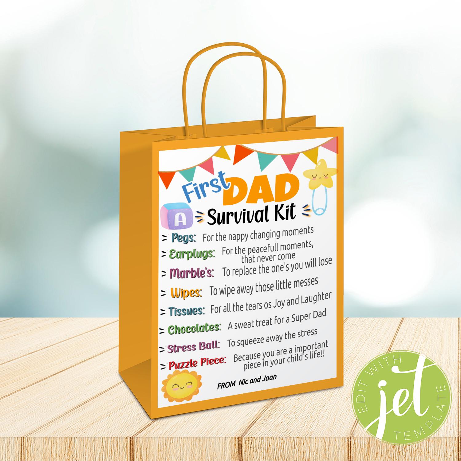 Editable First Time Dad Survival Kit, Father Survival Kit Tag Goody Bag ...